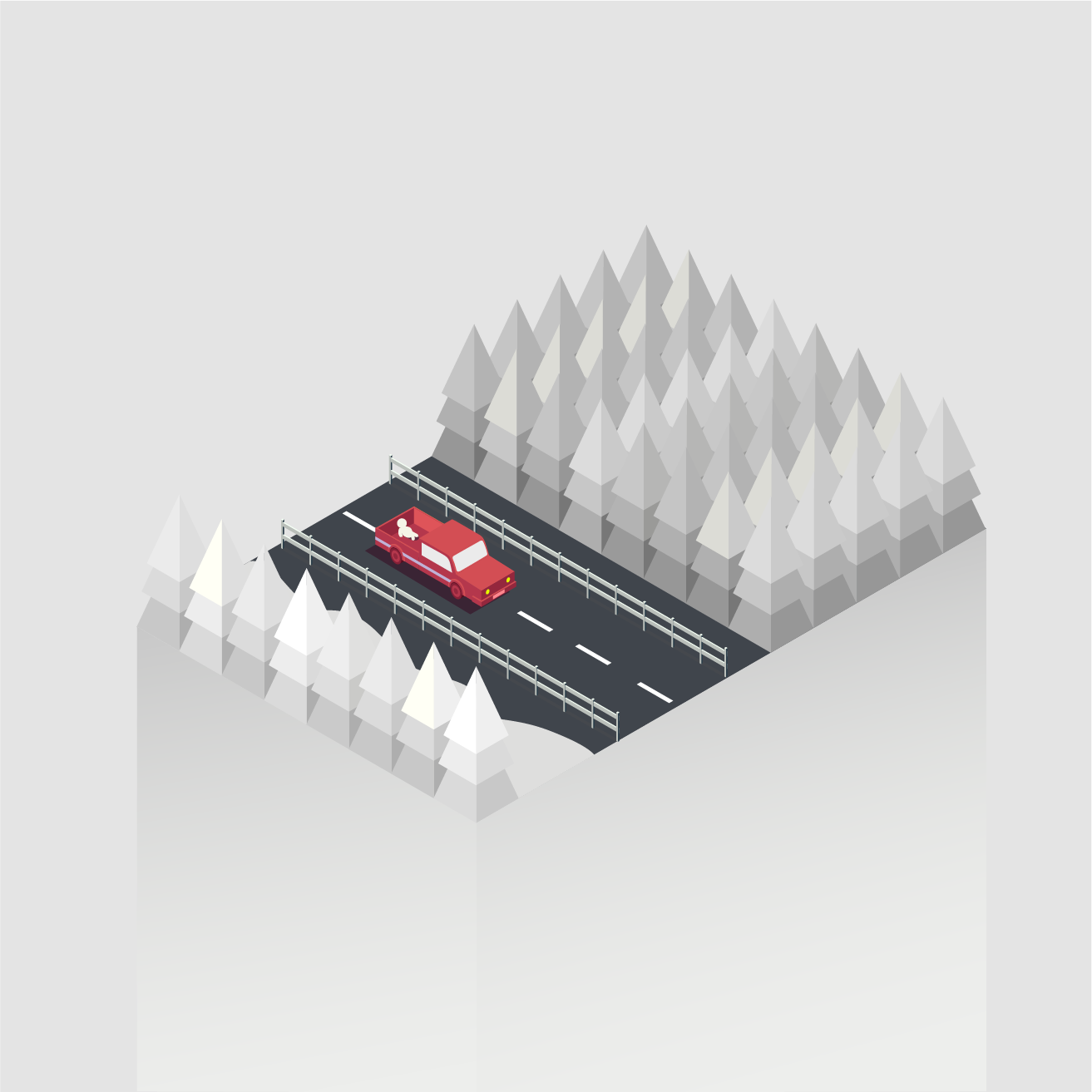 Isometric Vector Illustration of a Red Car on a Snowy Road Amongst ...